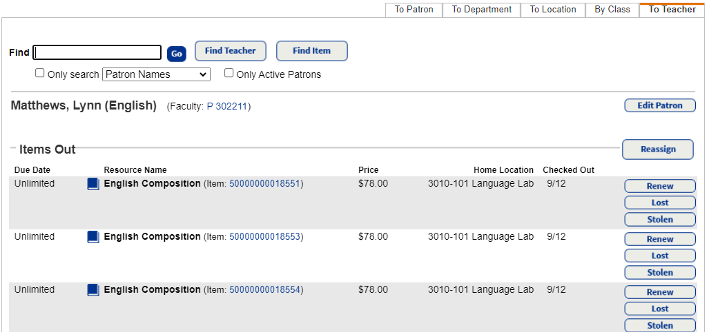 Check out items to teacher